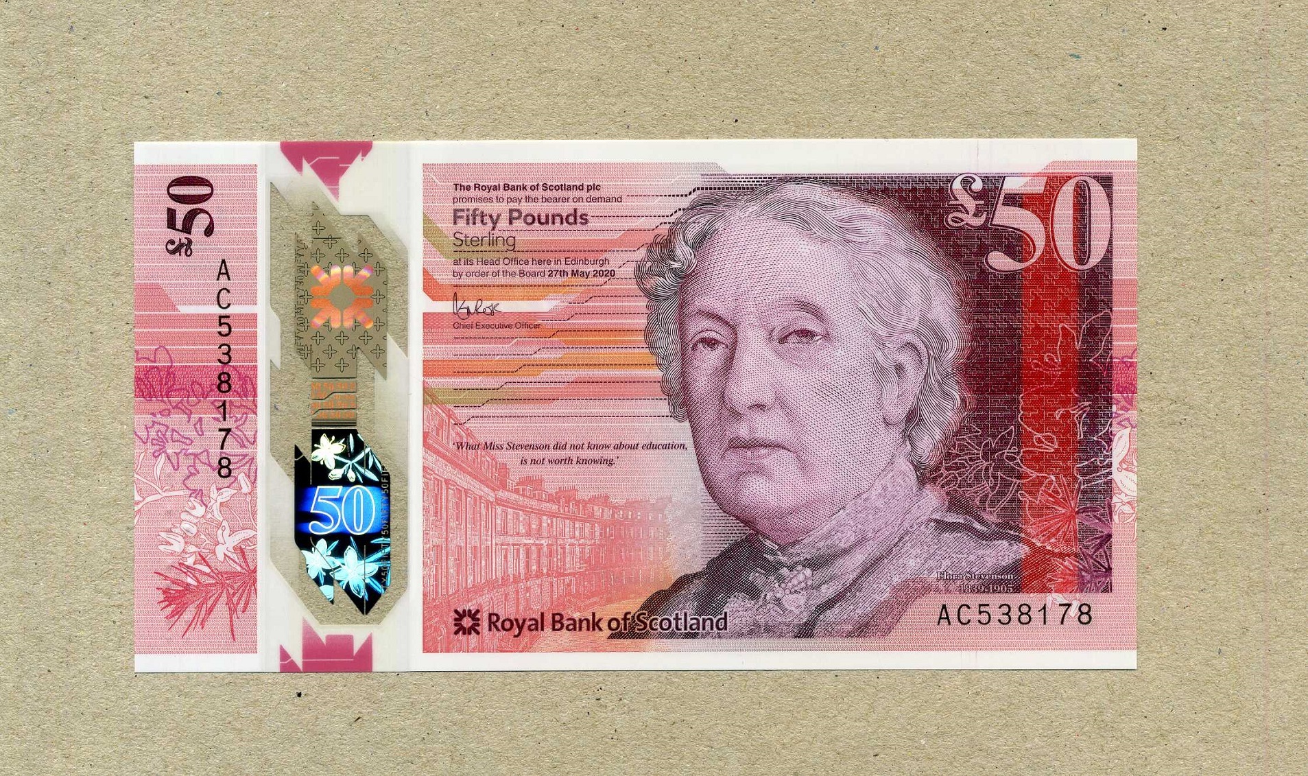 Royal Bank of Scotand 50 Pounds 27.5.2020 - Polymerausgabe - Flora ...