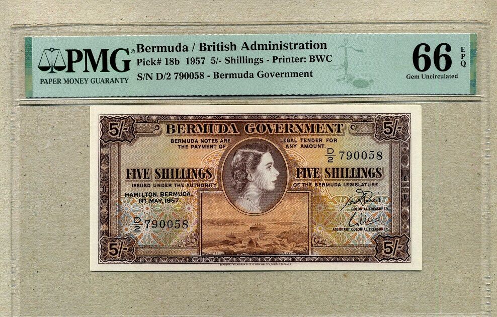 Bermuda 5/- Schillings 01.5.1957 P. 18b - PMG - Elizabeth II, Hamilton ...