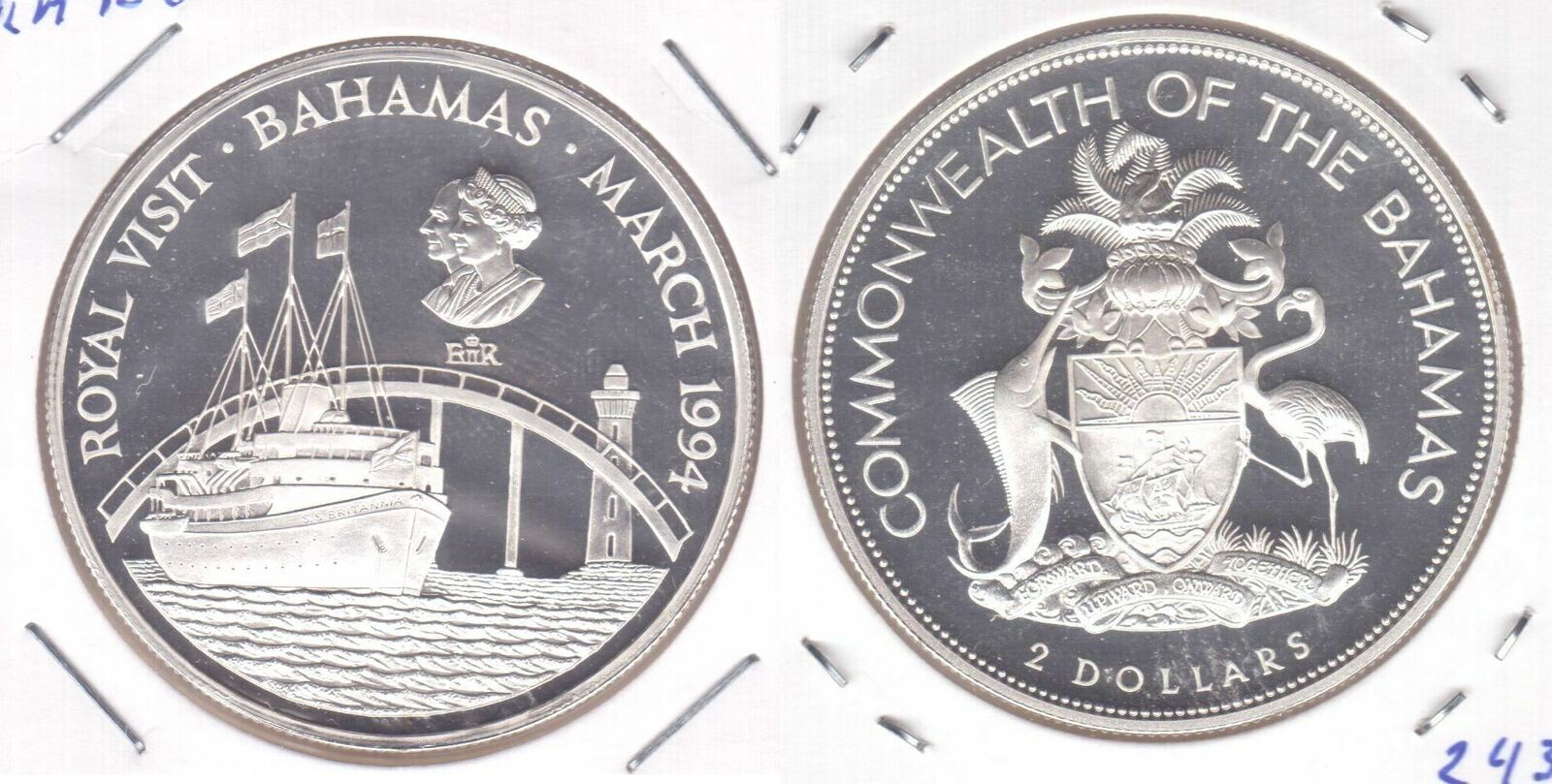 1994 BAHAMAS RARE 2$ PROOF COIN YEAR KM#158 ROYAL VISIT SHIP | MA-Shops