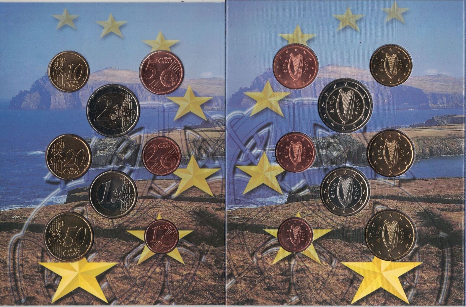 1 CENT 2002 IRELAND FIRST ISSUE MINT 8 DIF UNC COINS SET - 2 EURO YEAR ...