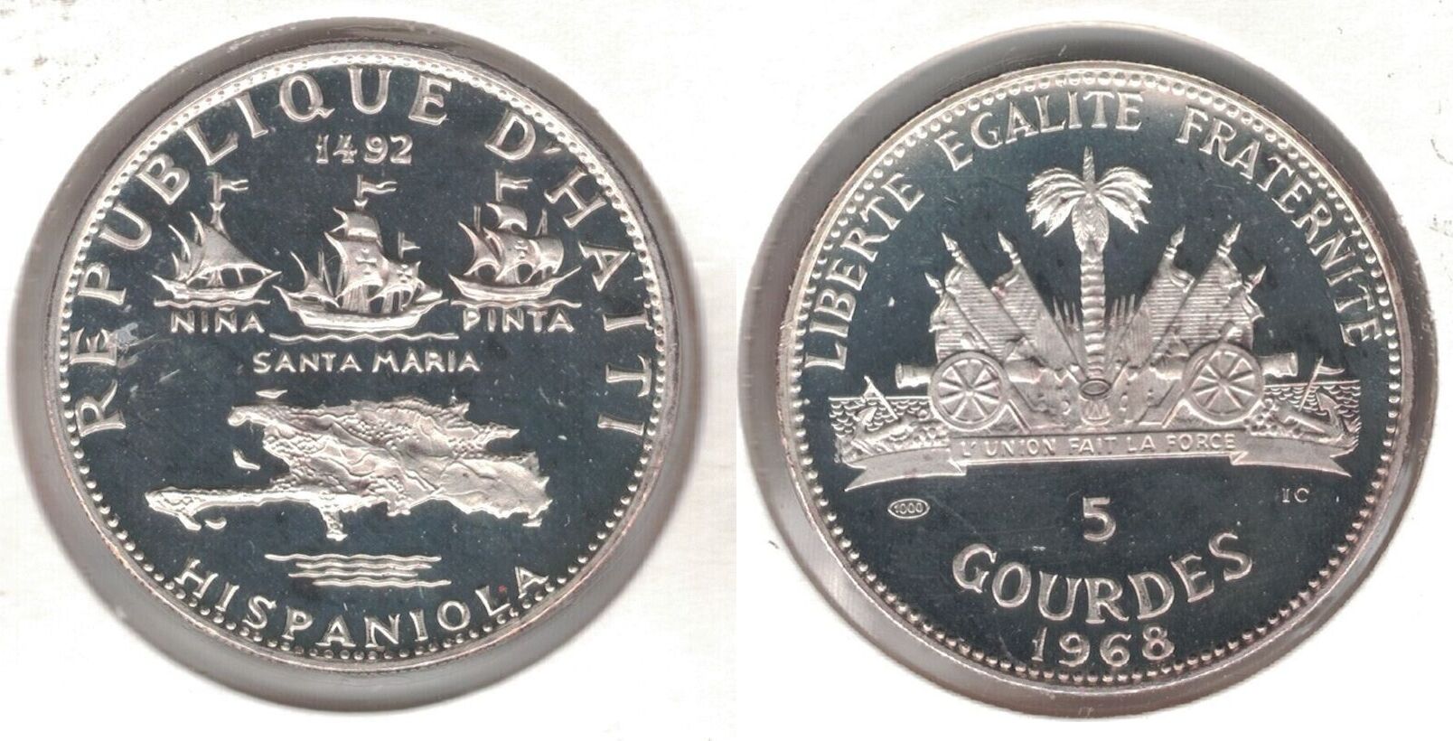 5 GOURDES 1968 HAITI SILVER PROOF COIN YEAR KM#64.1 SHIP COLUMBUS ...