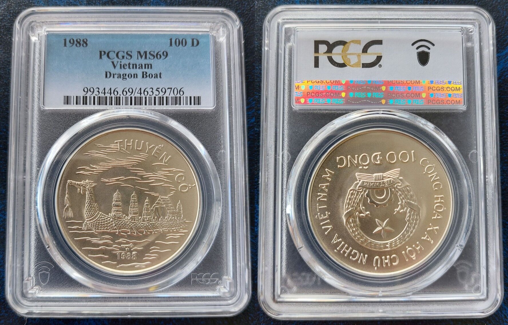 1988 VIETNAM SILVER 100 DONG UNC COIN YEAR KM#25.1 DRAGON SHIP PCGS ...