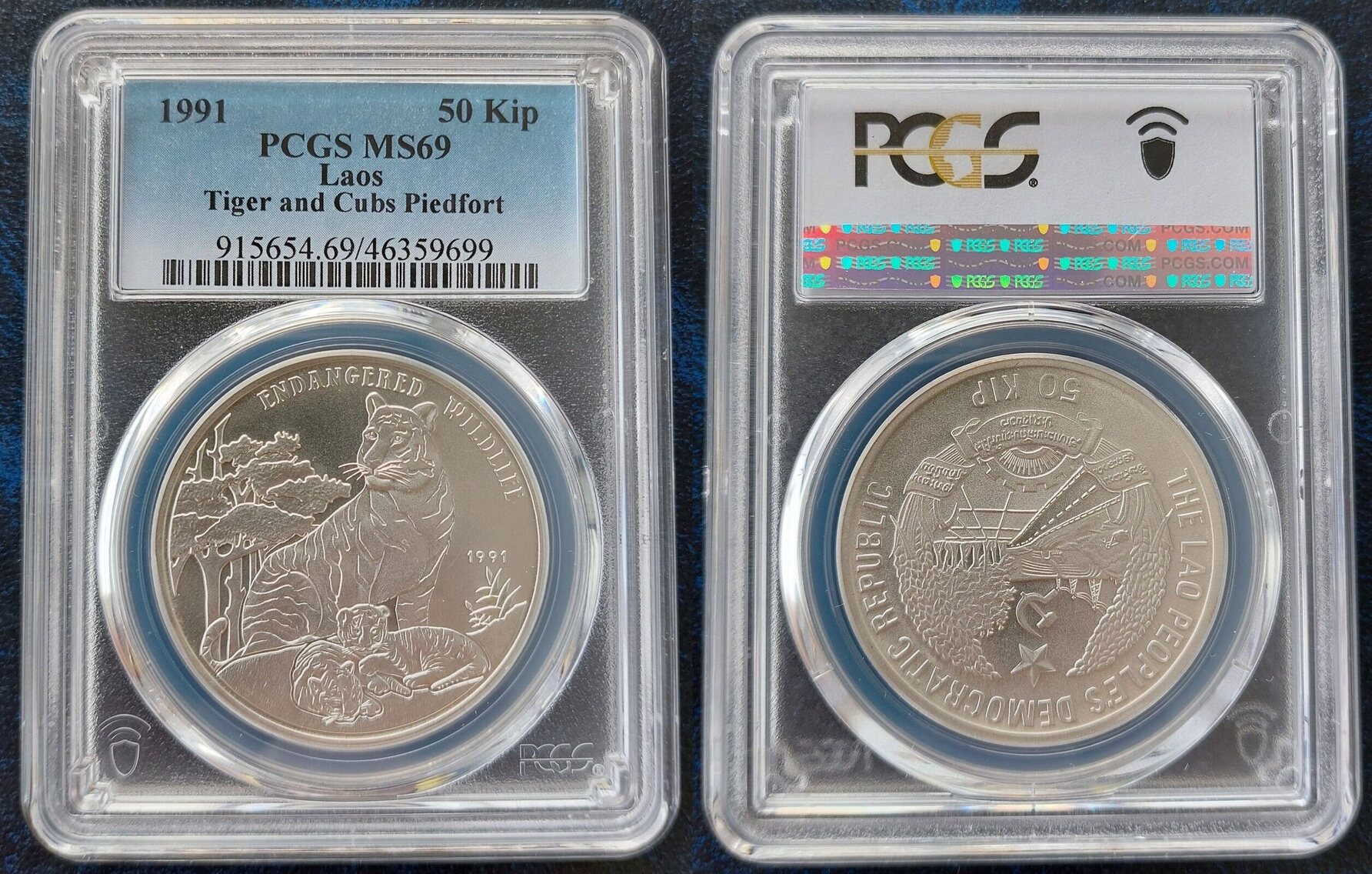 50 KIP 1991 LAOS SILVER UNC COIN KM#45 TIGER & CUBS PIEDFORT PCGS MS69 ...