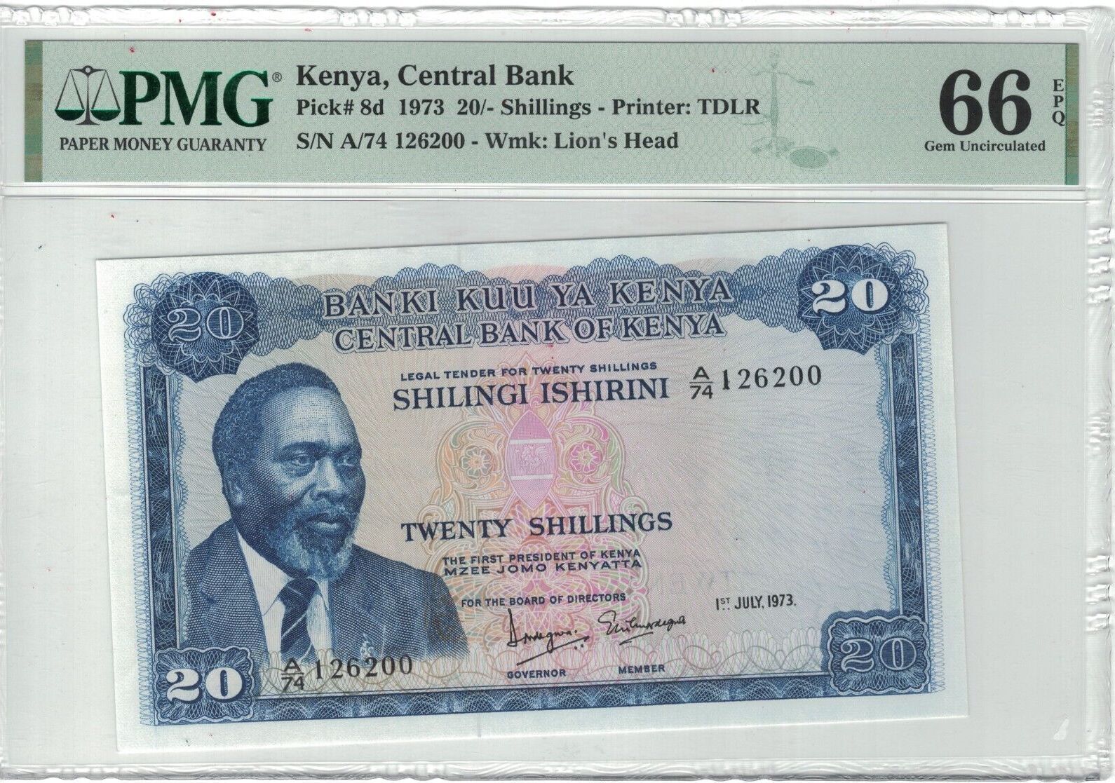 1973 KENYA 20 SHILING UNC BANKNOTE YEAR P-8d PMG GRADING 66 EPQ JOMO ...