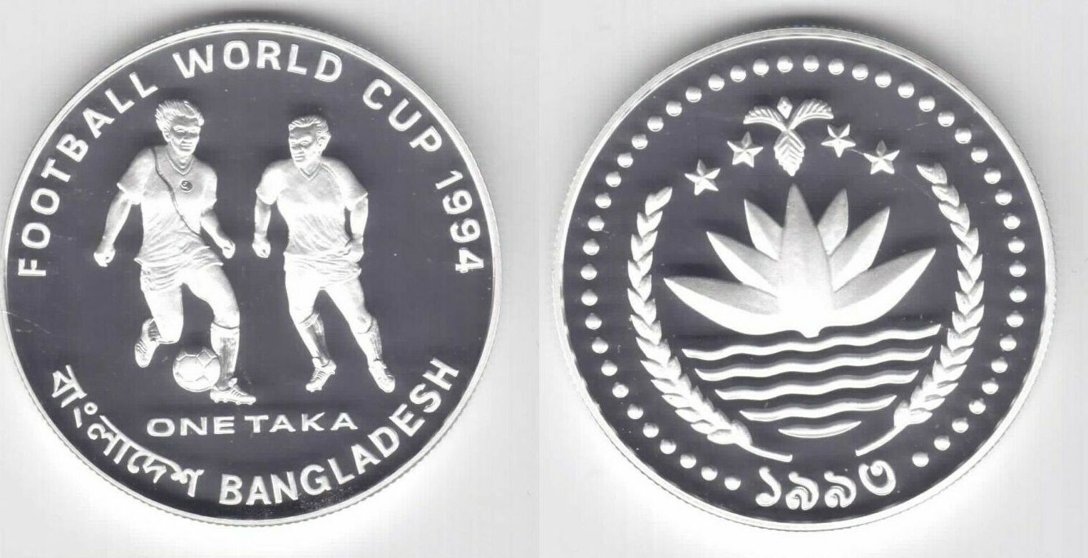 1 TAKA 1993 BANGLADESH PROOF SILVER COIN YEAR KM#16 FOOTBALL WORLD CUP ...