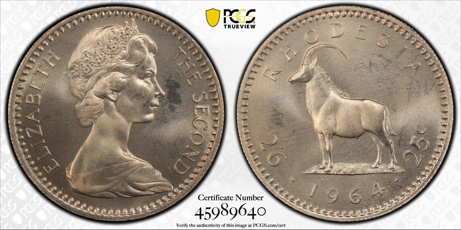 2,5 SHILLINGS 1964 RHODESIA 25 CENTS PROOF COIN YEAR KM#4 PCGS PR67 TOP ...