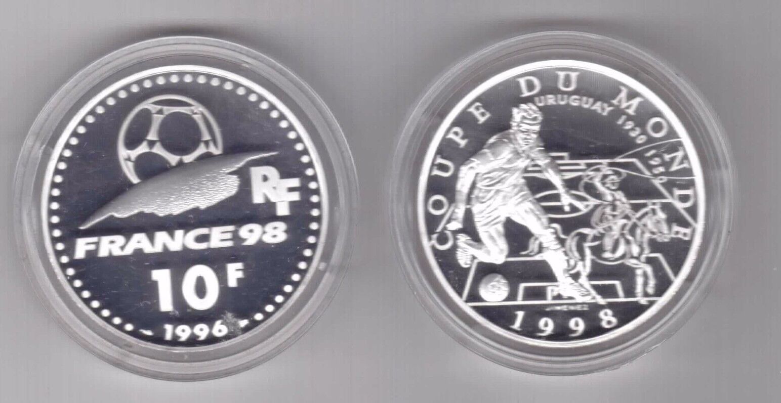 10 FRANCS 1996 FRANCE SILVER PROOF COIN YEAR KM#1166 FIFA FOOTBALL 1998 ...