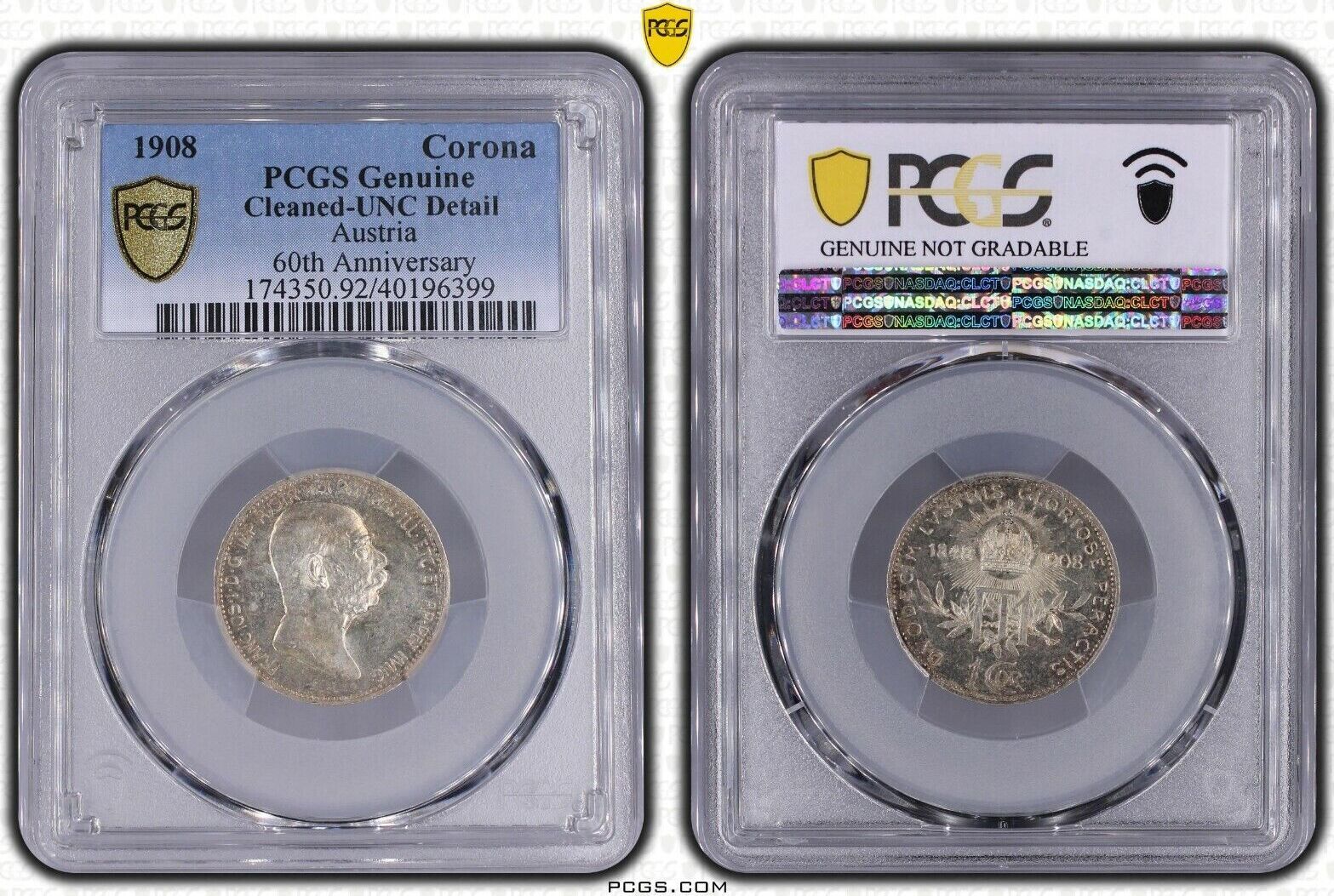 1 CORONA 1908 AUSTRIA SILVER COIN YEAR KM#2808 60th ANNI REIGN PCGS ...