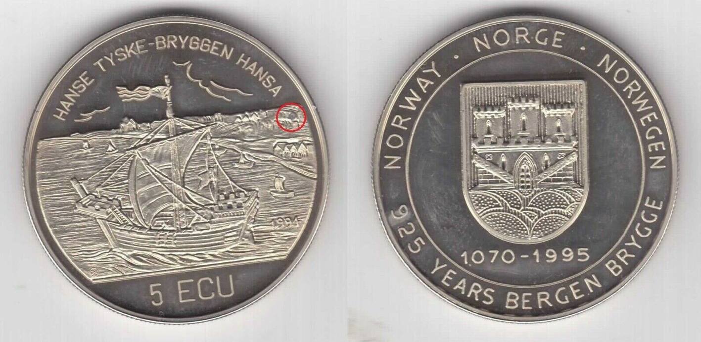 5 ECU 1995 NORWAY UNC COIN YEAR X#14 CITY OF BERGEN SHIP | MA-Shops