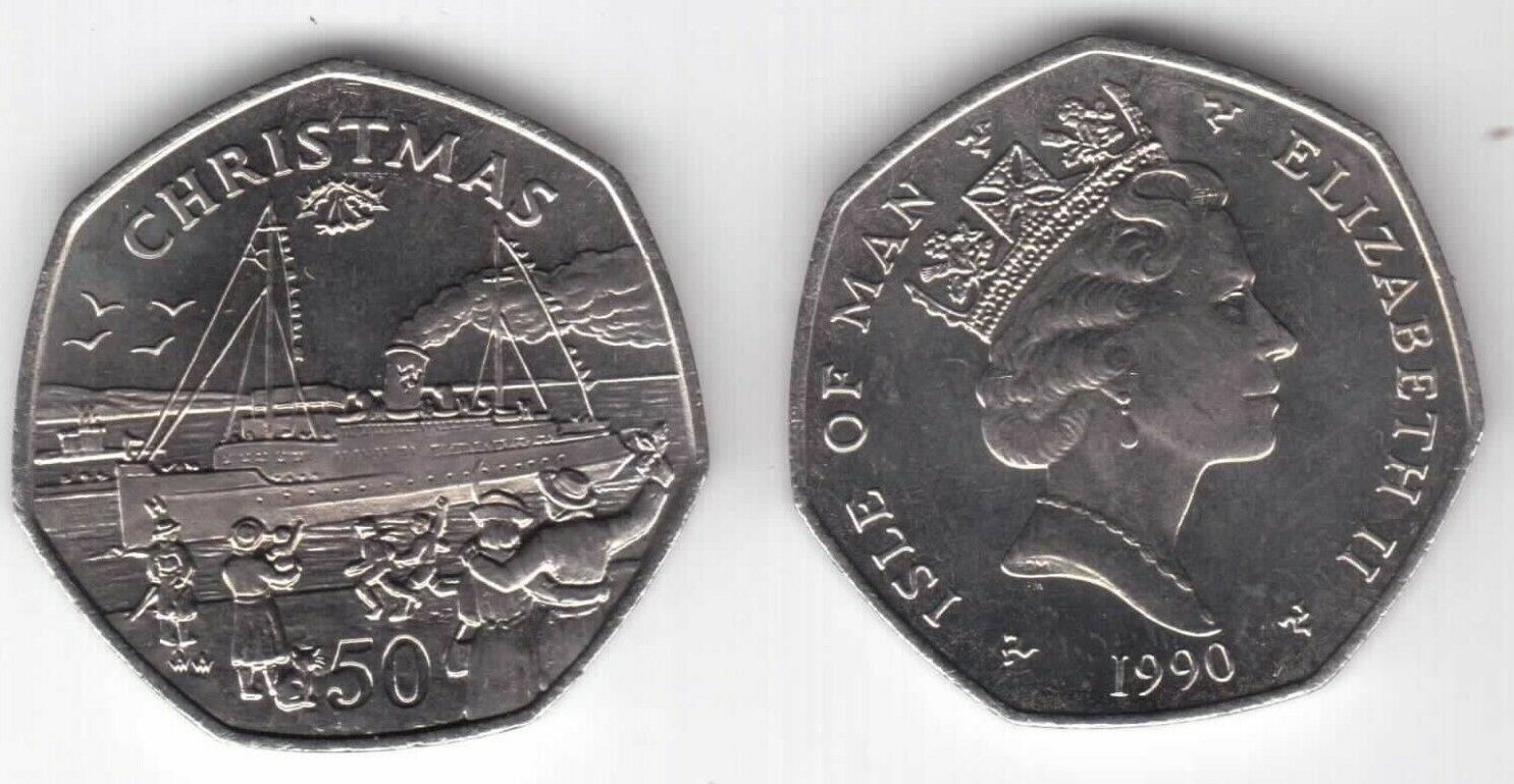 50 PENCE 1990 ISLE OF MAN UNC COIN YEAR KM#282 CHRISTMAS FERRY BOAT ...