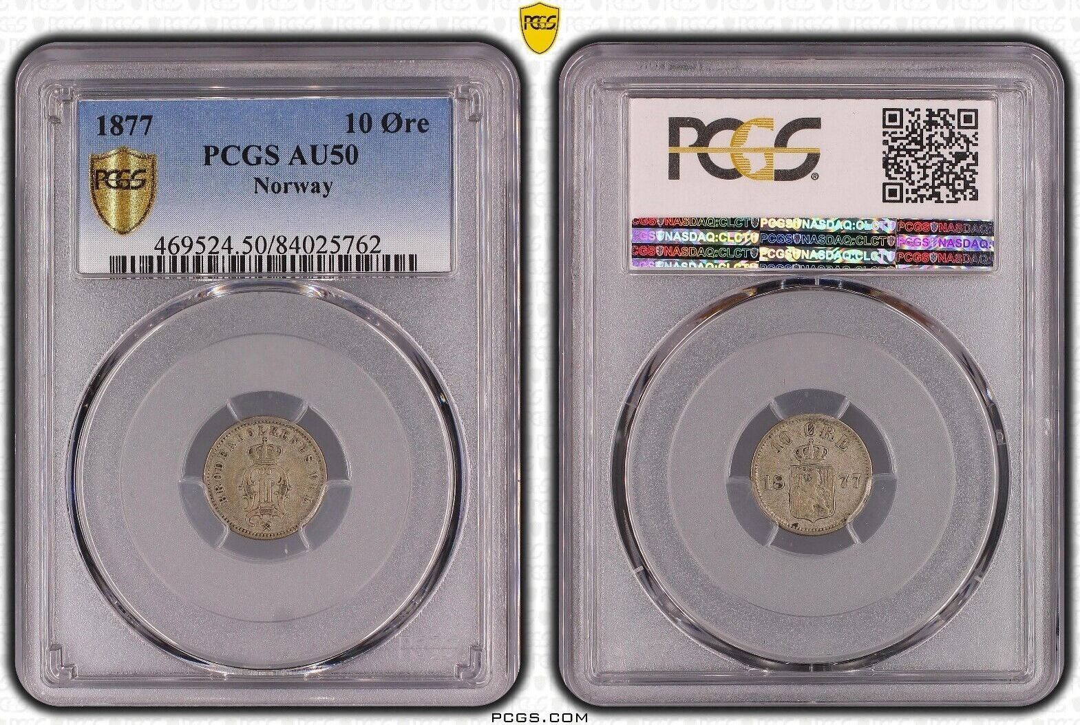 1877 NORWAY SILVER 10 ORE COIN YEAR KM#350 PCGS GRADING AU50 | MA-Shops
