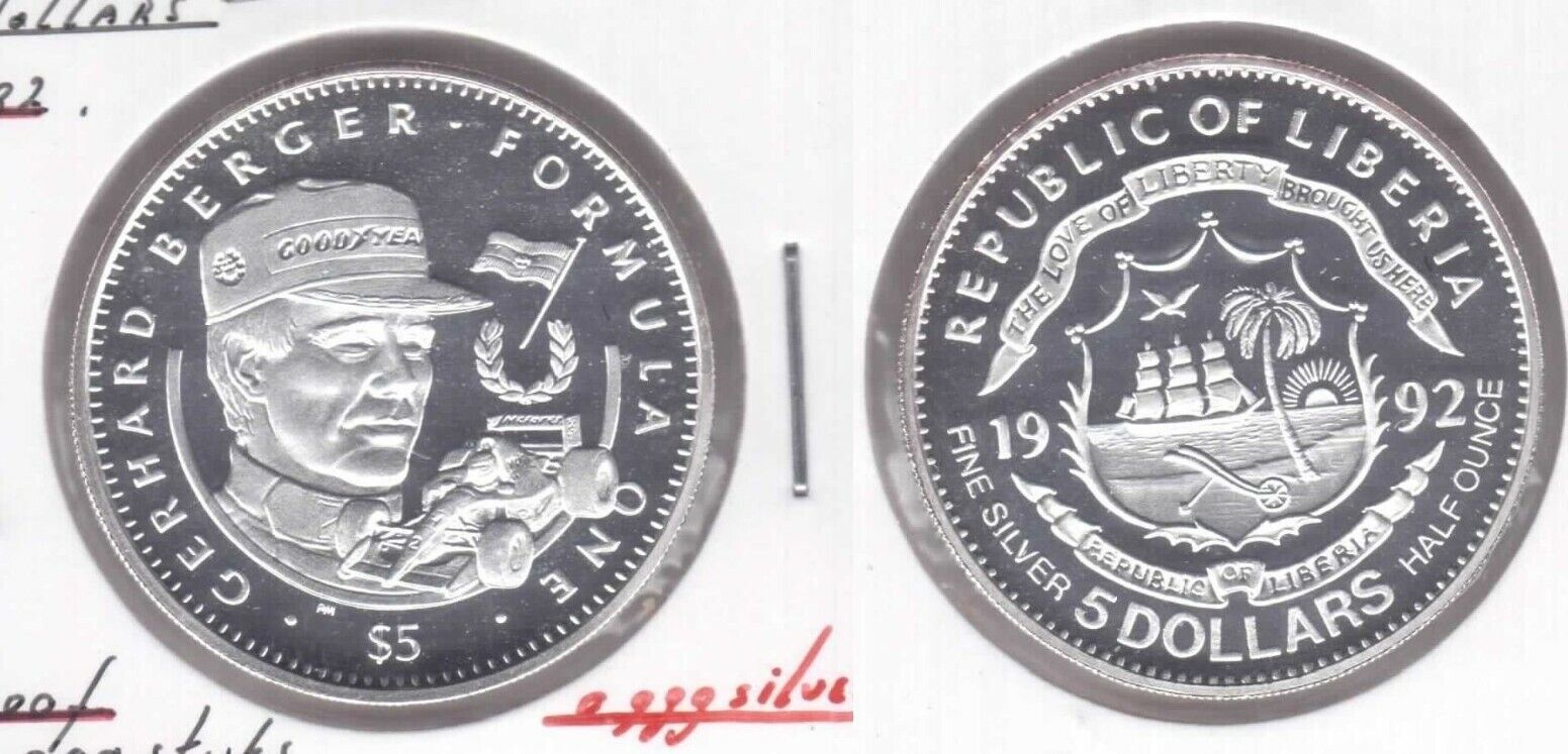 1992 LIBERIA SILVER PROOF 5$ COIN YEAR KM#73 FORMULA 1 GERHARD BERGER ...