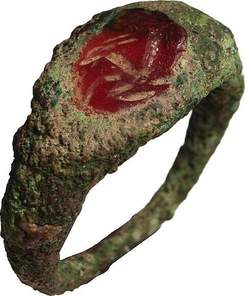 Roman finger ring with carnelian gem and gazelle decoration, bronze ...