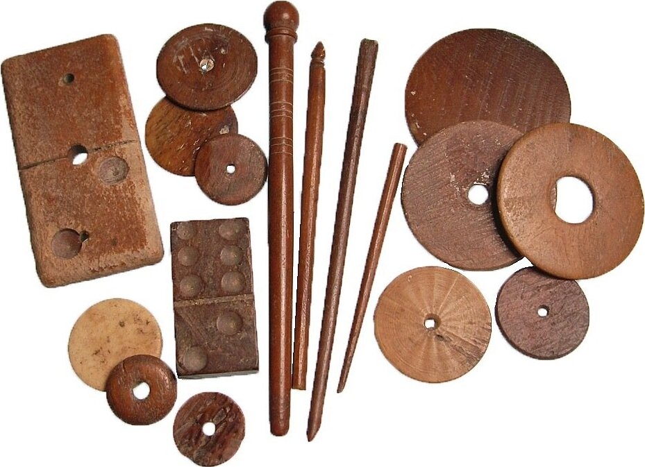 Collection of robe pins, hairpins and game pieces, bone, Viking era ...