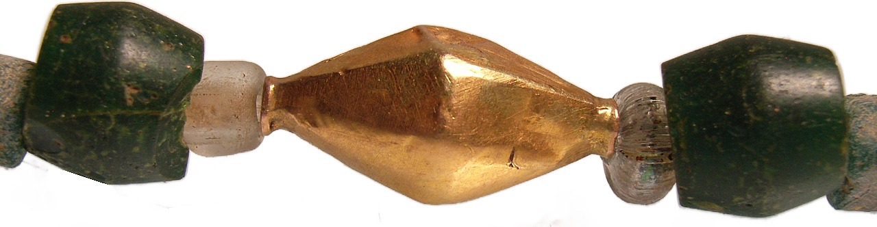 Roman gold jewelry bead and green glass beads, rock crystal Roman ...