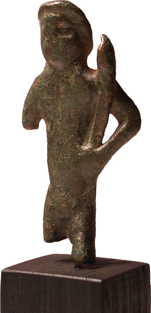 Roman-Celtic bronze figure, warrior with cross symbol on bronze stand ...