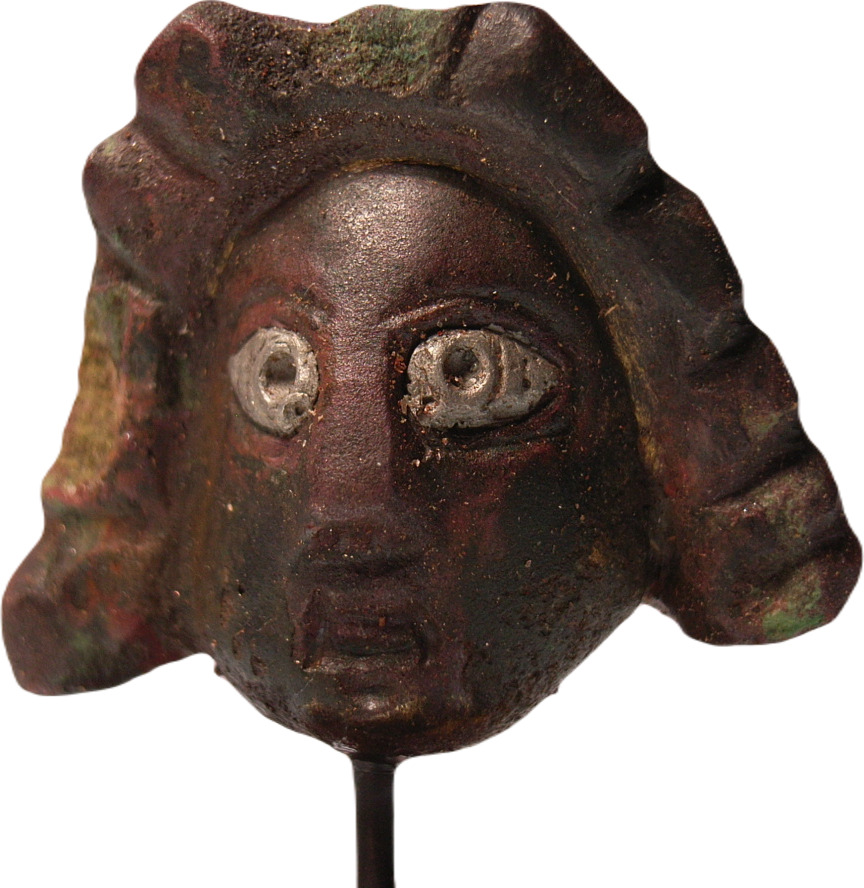 Applique in the form of a Bacchus or satyr head, bronze jewelry silver ...