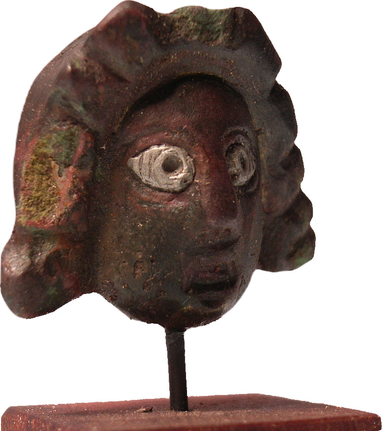 Applique in the form of a Bacchus or satyr head, bronze jewelry silver ...