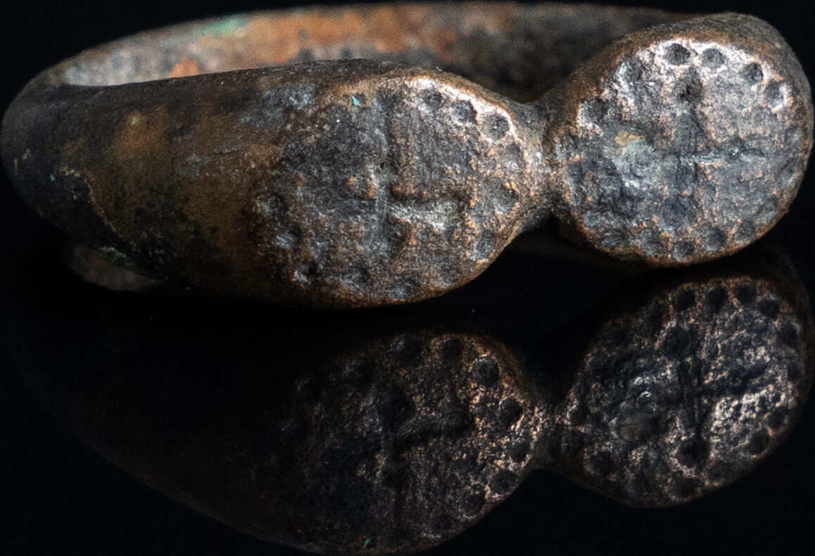 Medieval finger ring with cross symbols made of bronze. 11th - 13th ...