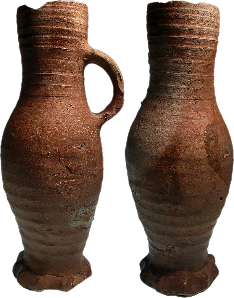 Antique jug with a handle and a wavy foot, Bartmann jug, ceramics 15th ...