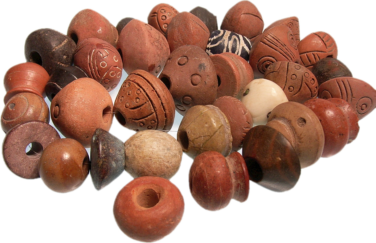Pre-Columbian pottery heads and ornamental beads, Inca Maya, Tumaco-La ...