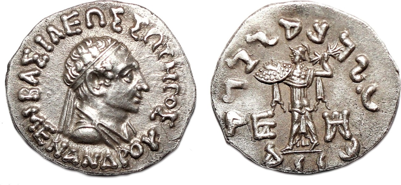 165/55-130 B.C. Baktria, Indo-Greek kingdom. MENANDER I Soter AR Drachm ...
