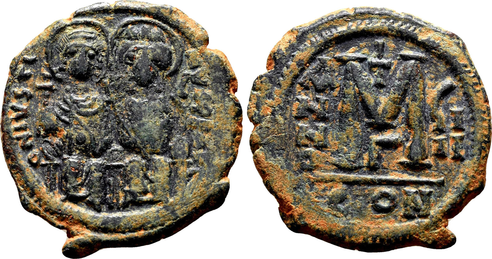 Byzantine Empire AD 567-568 JUSTIN II AE Follis. EF-. Empress Sophia in ...