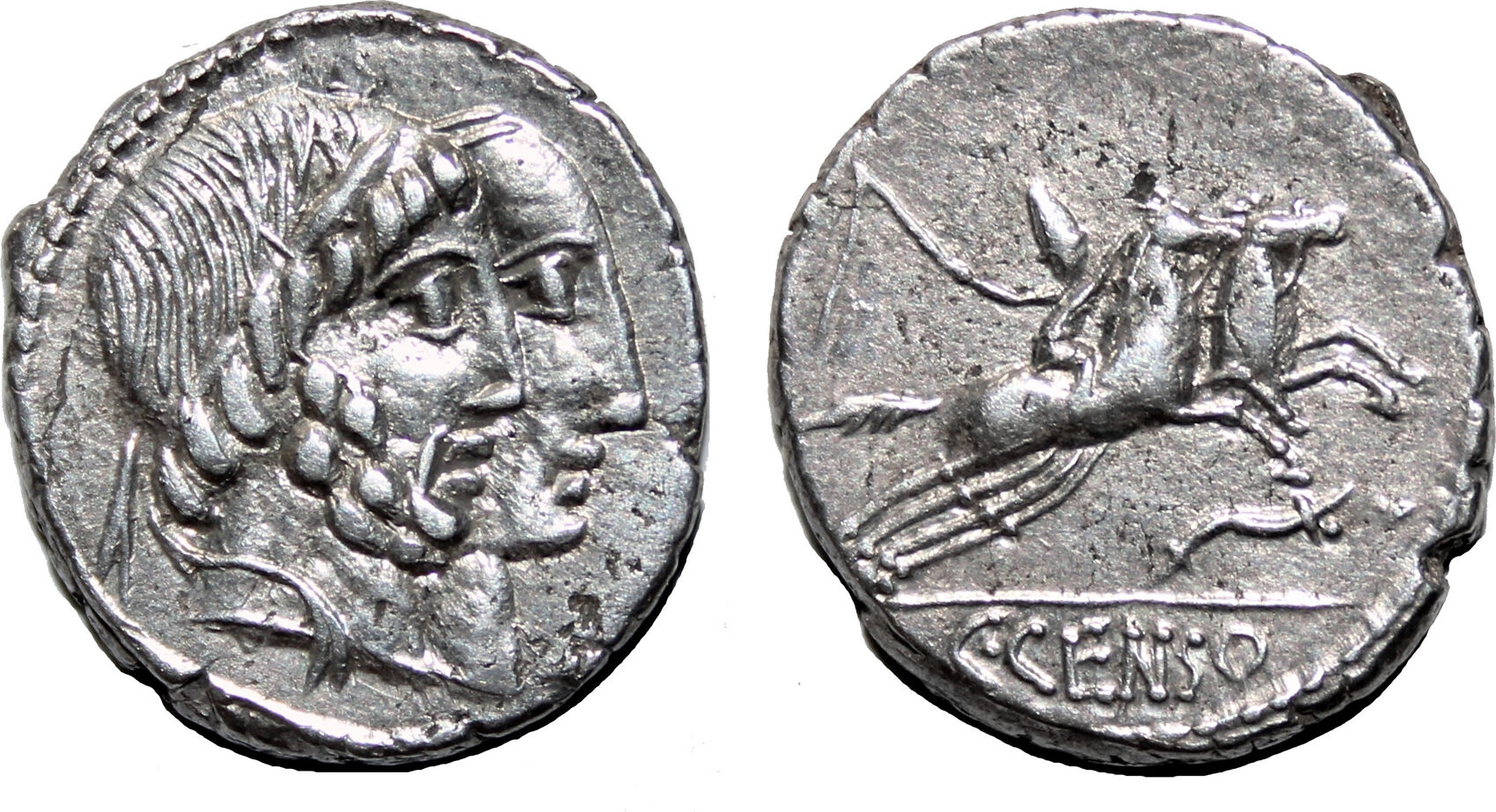 Roman Republic C. Marcius Censorinus AR Denarius. EF-/EF. 88 BC. Jugate ...