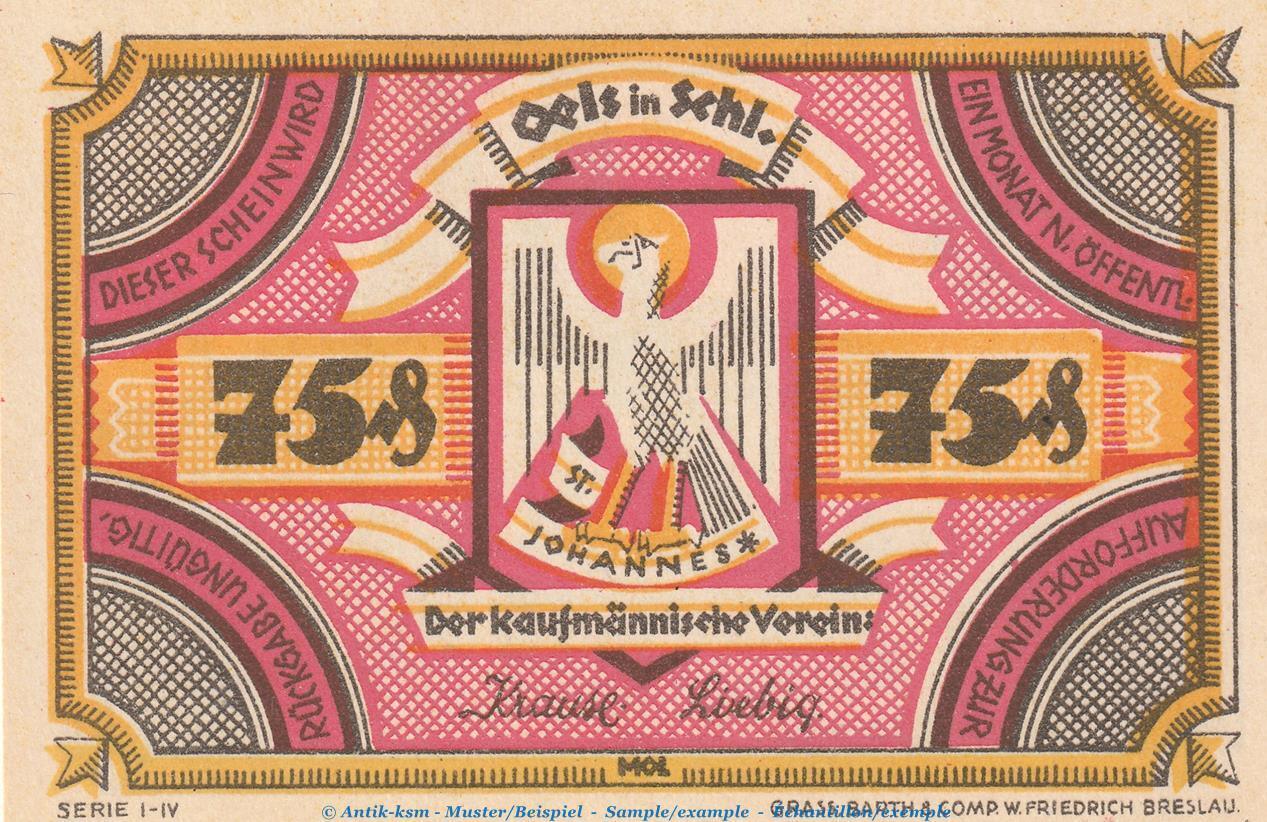Notgeld DE 75 Pf. Notgeld Kaufmännischer Verein Oels 1008.1, 75 Pfennig ...