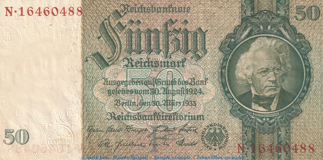 50 Mk. -F1- Reichsbanknote, 50 Mark Schein -F1- in gbr. DEU-210.b, Ros ...