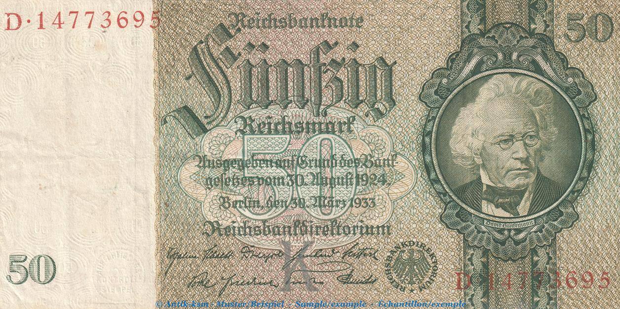 deutsche Reichsbank 50 Mk. -K- Reichsbanknote, 50 Mark Schein -K- in ...