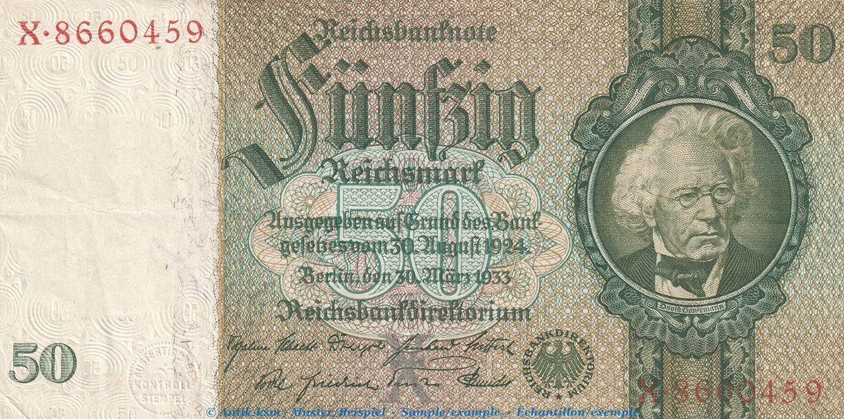 50 Mk. X-1 Reichsbanknote, 50 Mark Schein -X1- in gbr. DEU-210.a, Ros ...