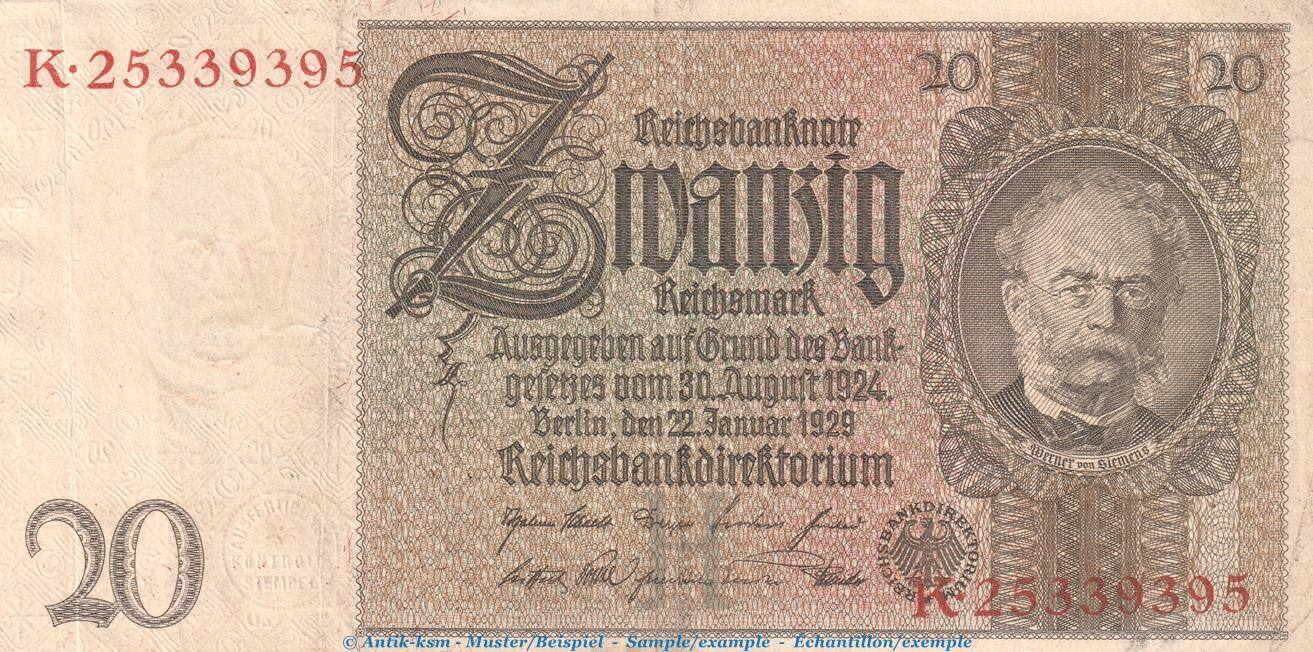 20 Mk. Reichsbanknote, 20 Mark Schein -H- in gbr. DEU-184.a, Ros.174, P ...