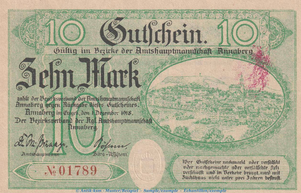 Großnotgeld De. 10 Mk. 1918 Notgeld Amtshauptmannschaft Annaberg, 10 ...