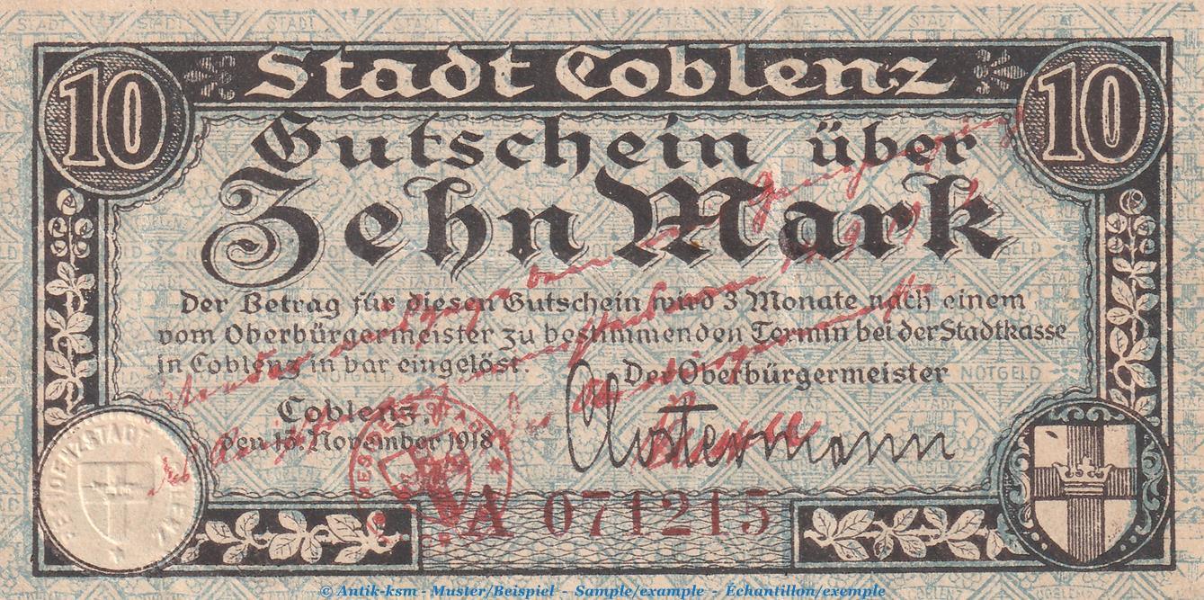 DE 10 Mk. Notgeld Stadt Coblenz, 10 Mark Überdruck in f-kfr. Geiger 082 ...