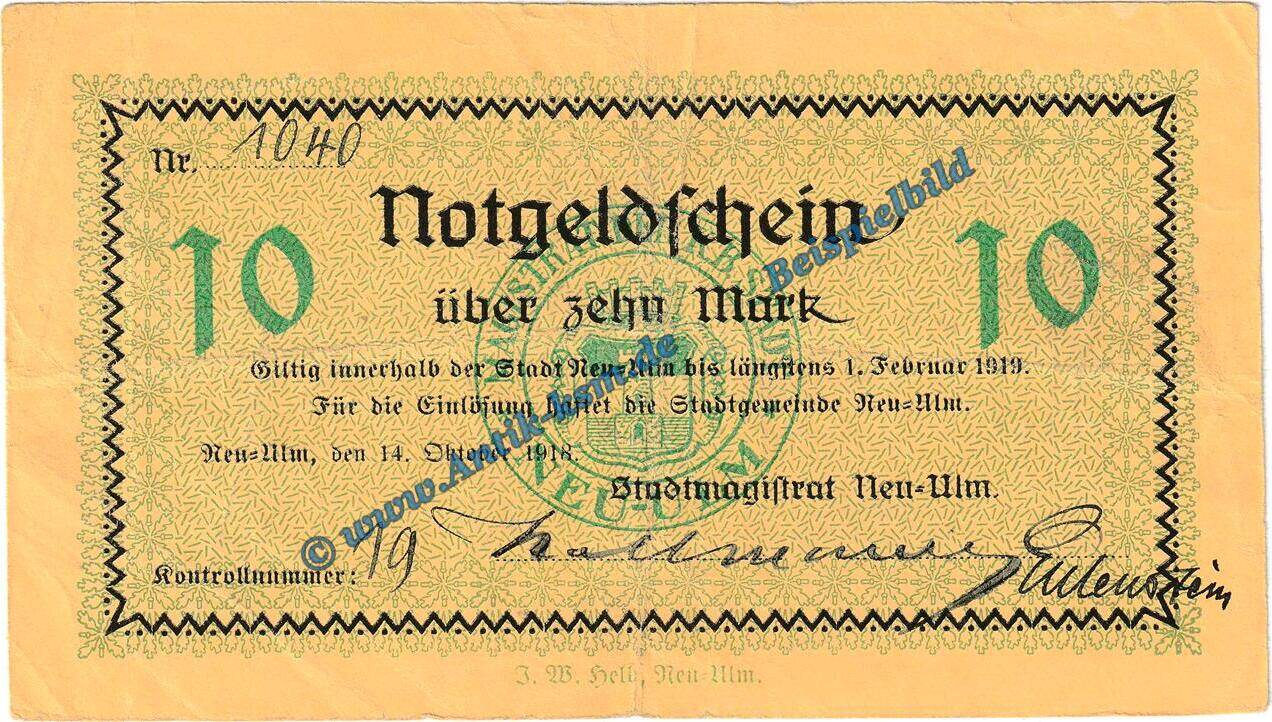 Großnotgeld 10 Mk. Neu Ulm, Notgeld 10 Mark Schein in gbr.E, Geiger 383 ...