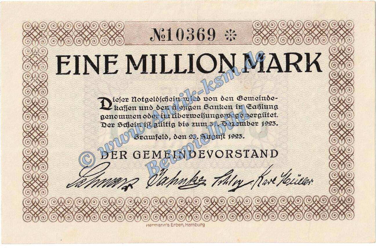 1 Mio. Mk. Bramfeld, Banknote 1 Million Mark Schein in kfr. Keller 555 ...