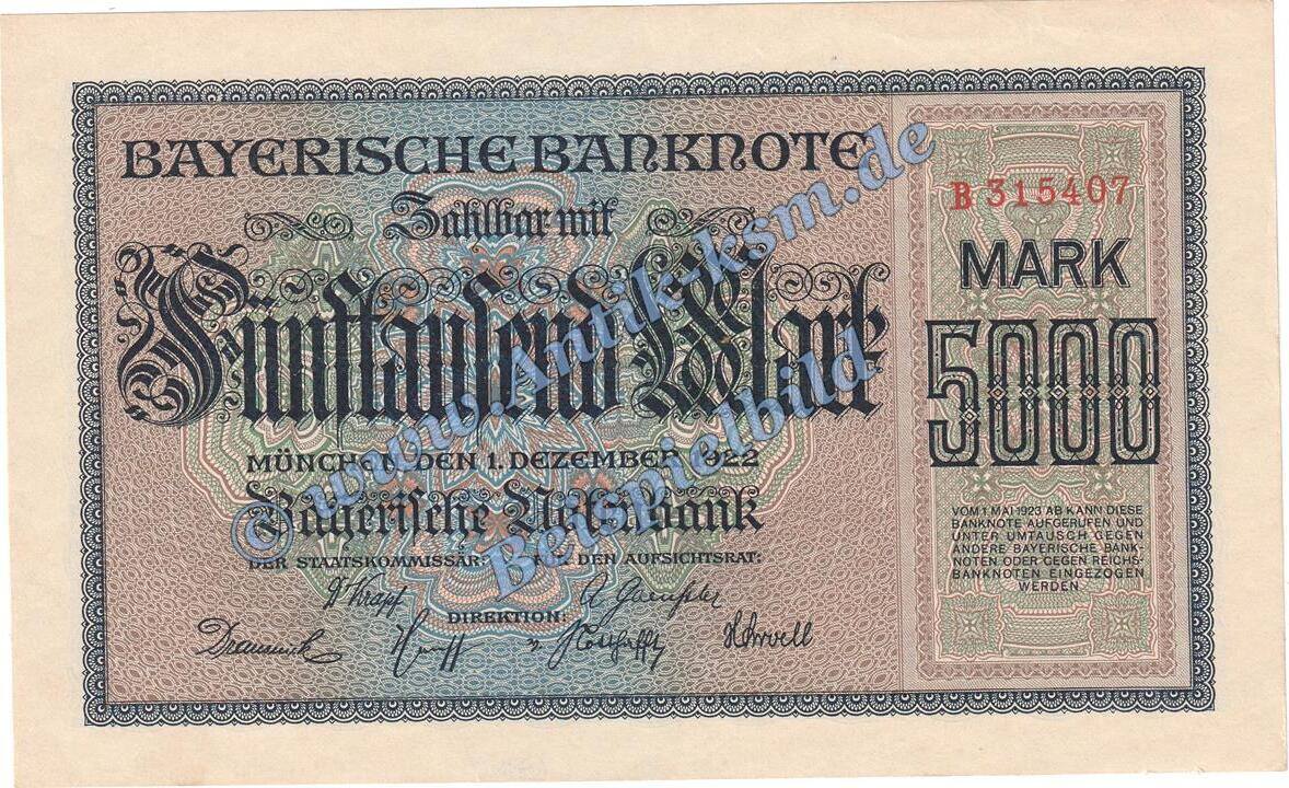 5000 Mk. 1922 Reichsbanknote, 5000 Mark Schein in kfr. BAY-6, Ros.721 ...