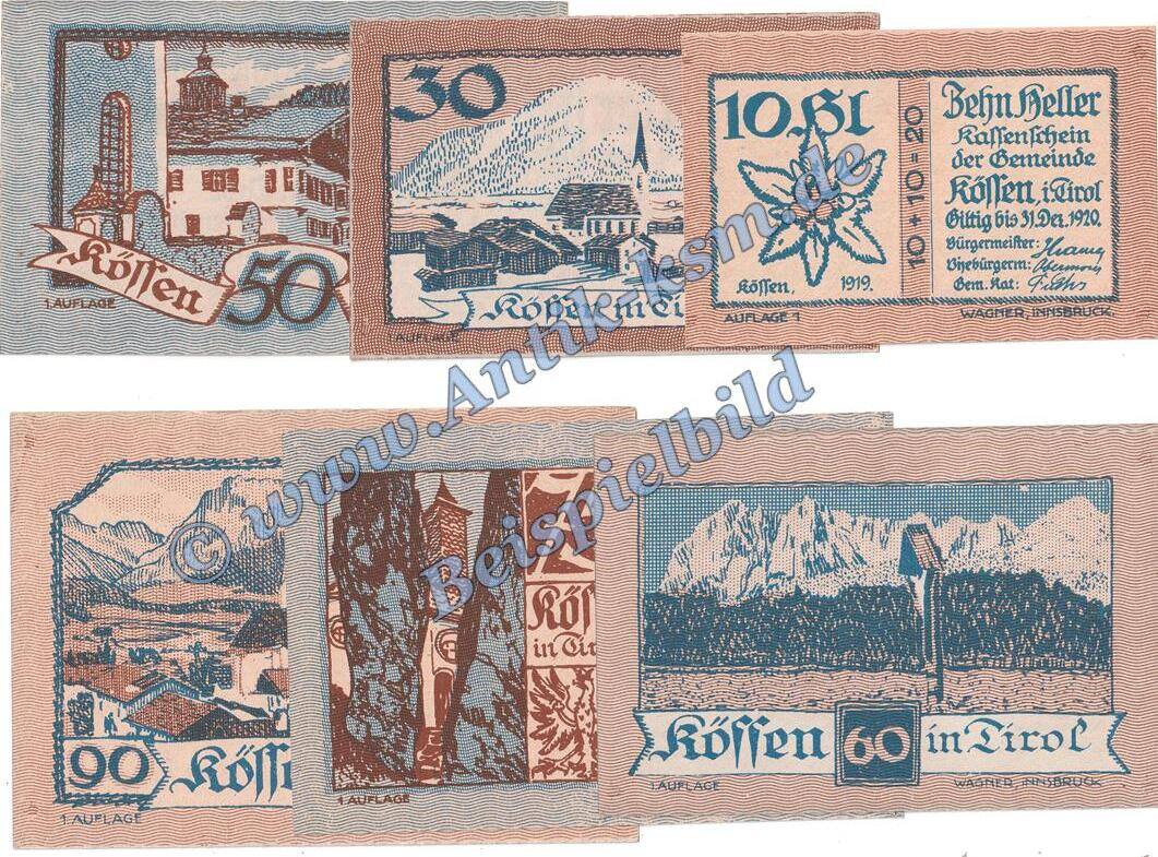 Notgeld AT 6 Scheine kpl. Kössen, Notgeld Set mit 6 Scheinen in kfr. K ...