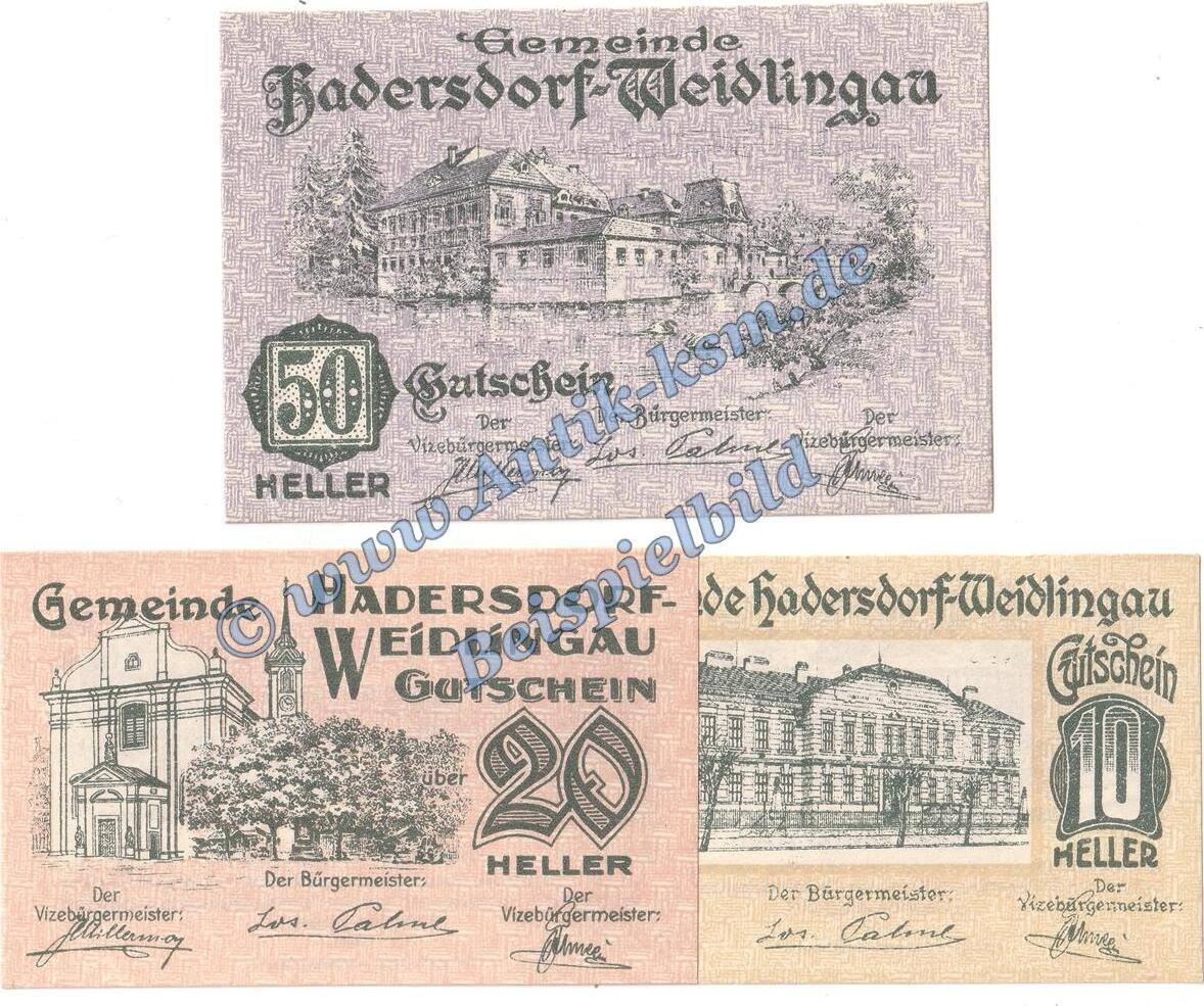 Notgeld AT 3 Scheine kpl. Hadersdorf, Notgeld Set mit 3 Scheinen in kfr ...