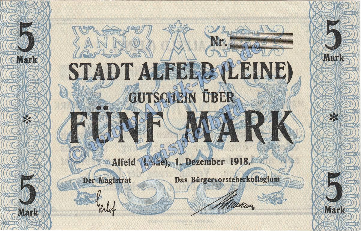 Großnotgeld De. 5 Mk. o.Kn. Alfeld, Banknote 5 Mark MUSTER-Schein o.Kn ...