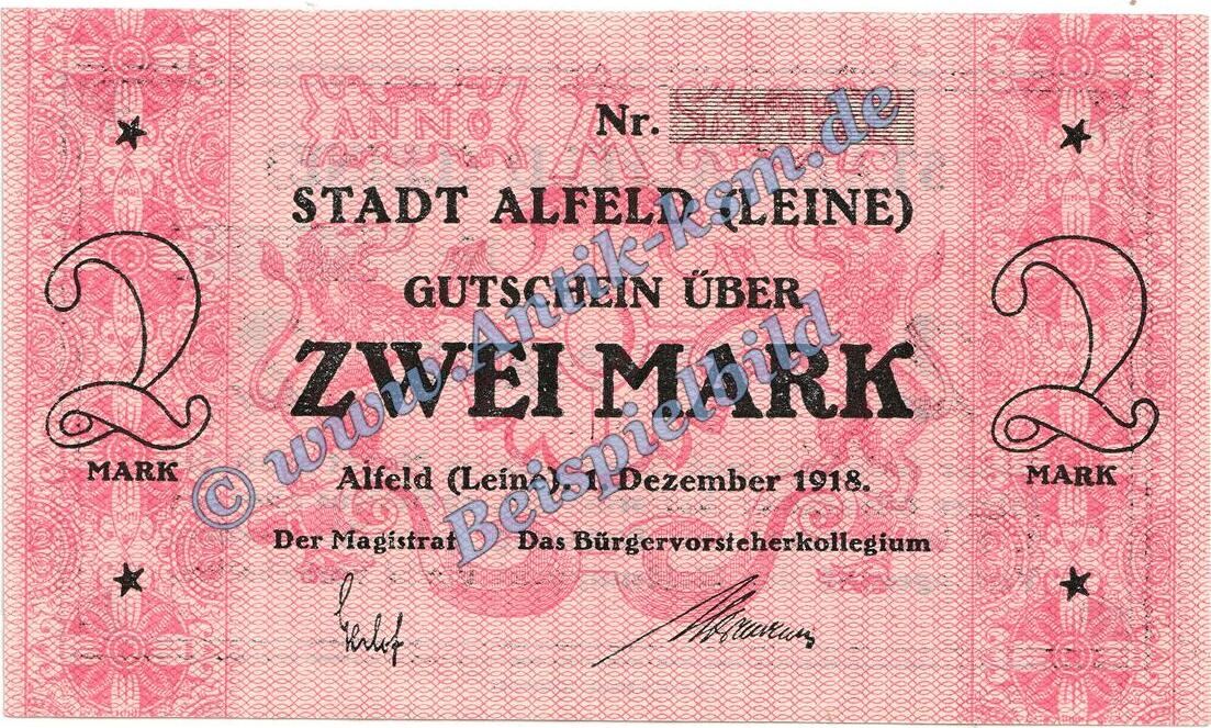 Großnotgeld De. 2 Mk. o.Kn. Alfeld, Banknote 2 Mark MUSTER-Schein o.Kn ...