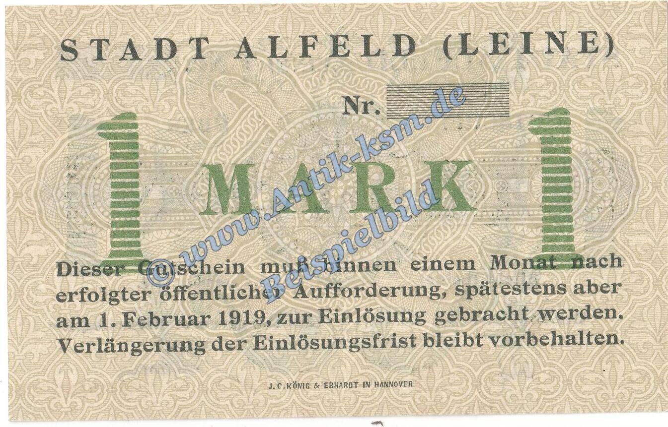 Großnotgeld De. 1 Mk. o.Kn. Alfeld, Banknote 1 Mark MUSTER-Schein o.Kn ...