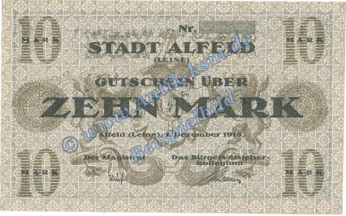 Großnotgeld De. 10 Mk. o.Kn. Alfeld, Banknote 10 Mark MUSTER-Schein o ...