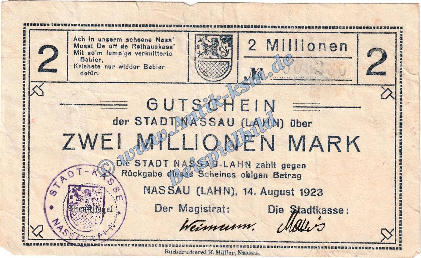 Großnotgeld Inflation De 2 Mio. Mk. Nassau-Lahn, Banknote 2 Millionen ...