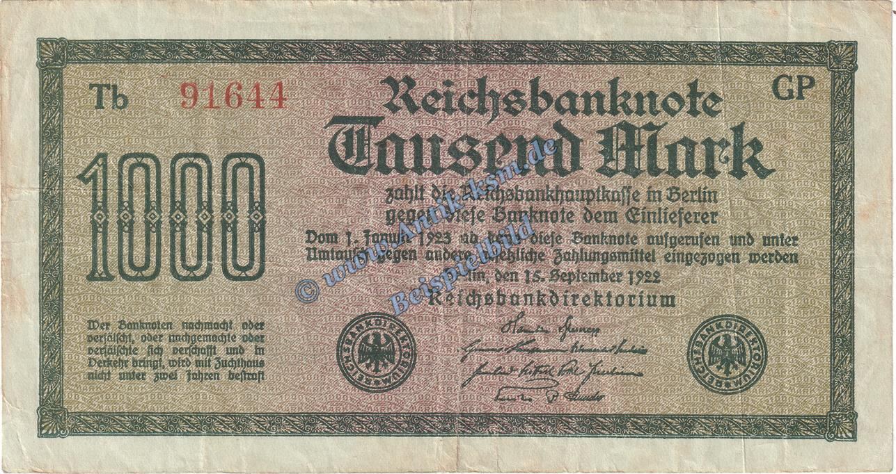 Weimarer Republik - Inflation 1000 Mk. -KN 5 St- Banknote, 1.000 Mark ...