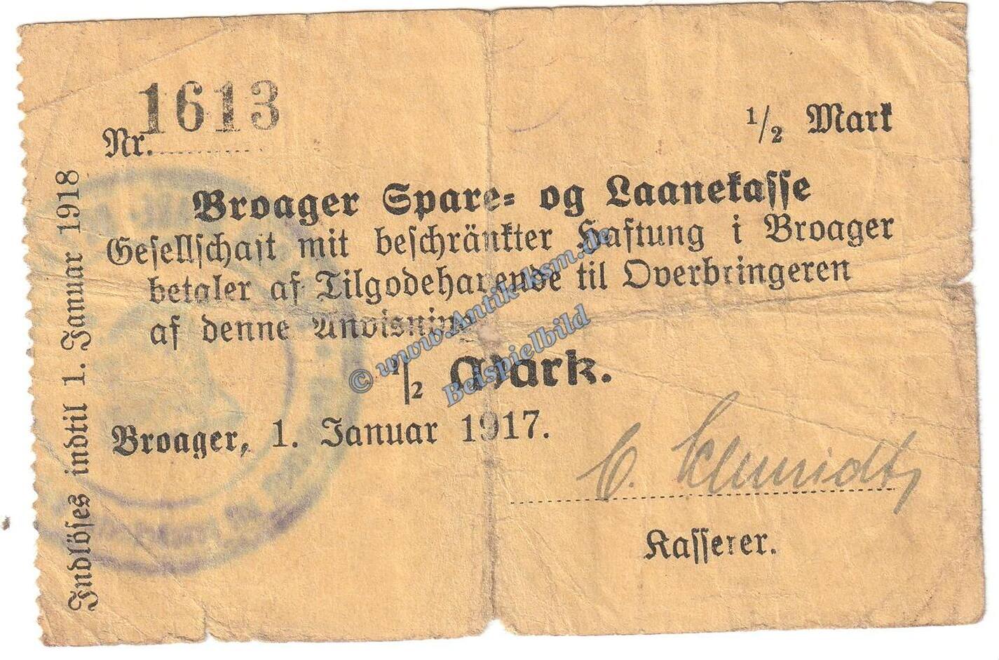 Notgeld De 1/2 Mk. Broacker, Notgeld 1 halbe Mark Scheine in gbr ...