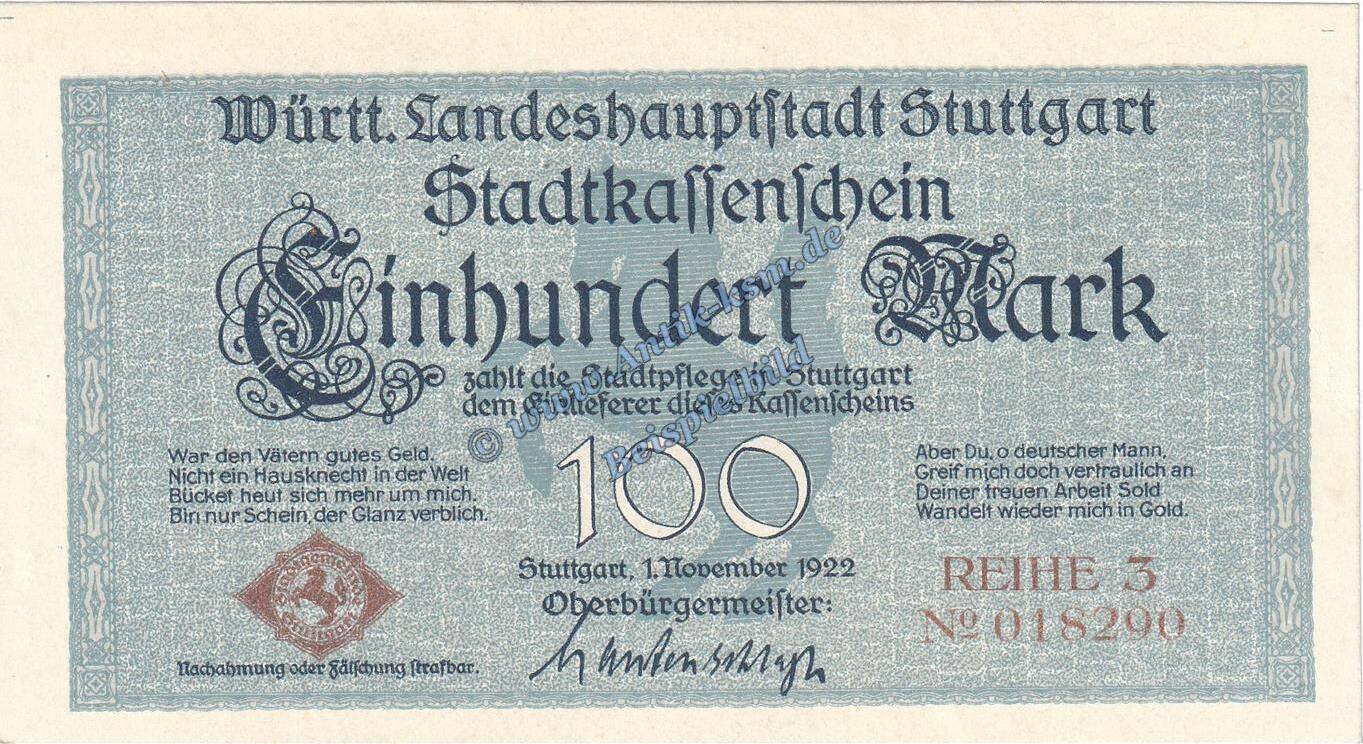 Großnotgeld 100 Mk. Stuttgart, Banknote 100 Mark Schein in kfr. Müller ...