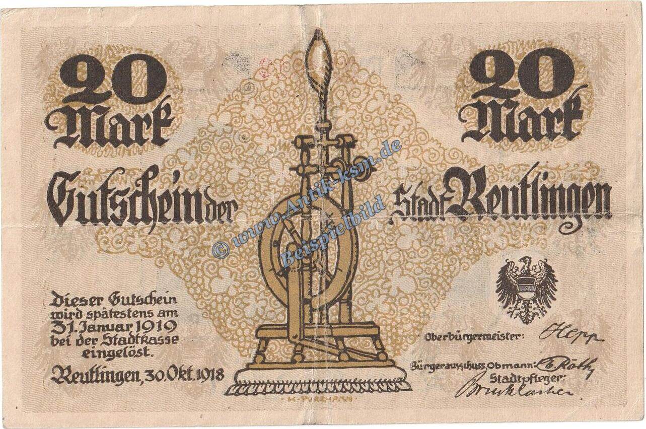Großnotgeld De. 20 Mk. Reutlingen, Banknote 20 Mark Schein in gbr.E ...