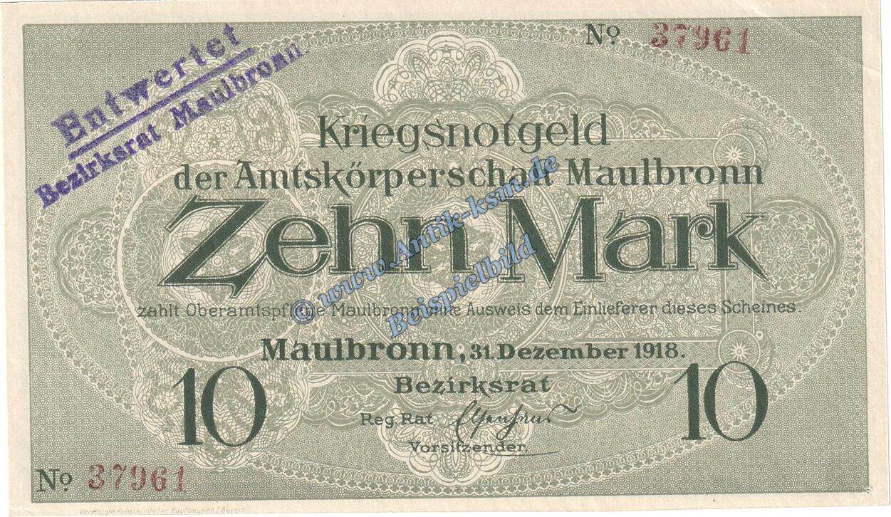 Großnotgeld De. 10 Mk. Maulbronn, Banknote 10 Mark Schein in kfr.E ...